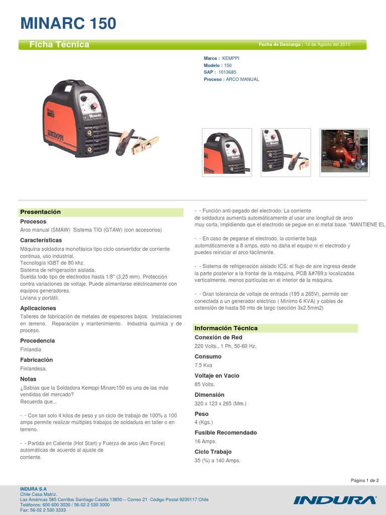 Soldadora Kemppi Minarc 150: Ficha Técnica | PDF | Soldadura | Construcción