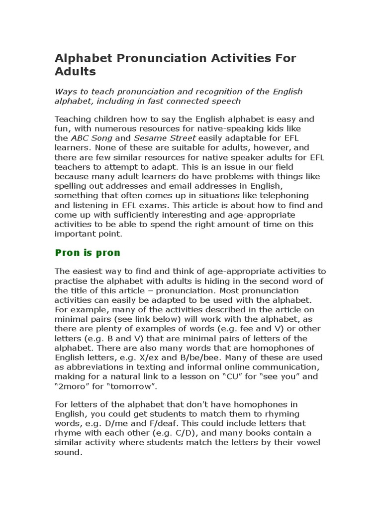 Alphabet Pronunciation Activities For Adults | PDF | English As A ...