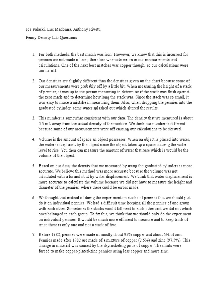 Penny Density Lab Questions | PDF | Density | Penny