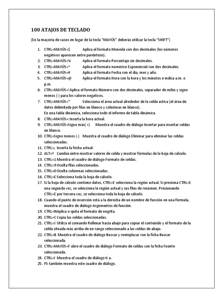 100 atajos Excel | PDF | Hoja de cálculo | Ventana (informática)