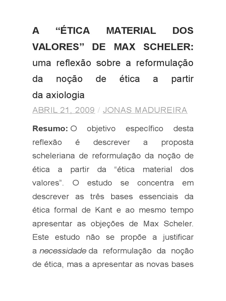"Ética Material Dos Valores" de Max Scheler | PDF | Immanuel Kant ...