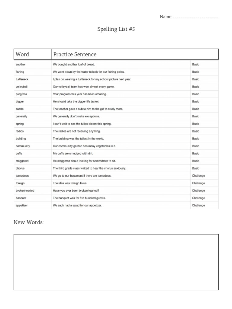 Spelling List #5: Name | PDF