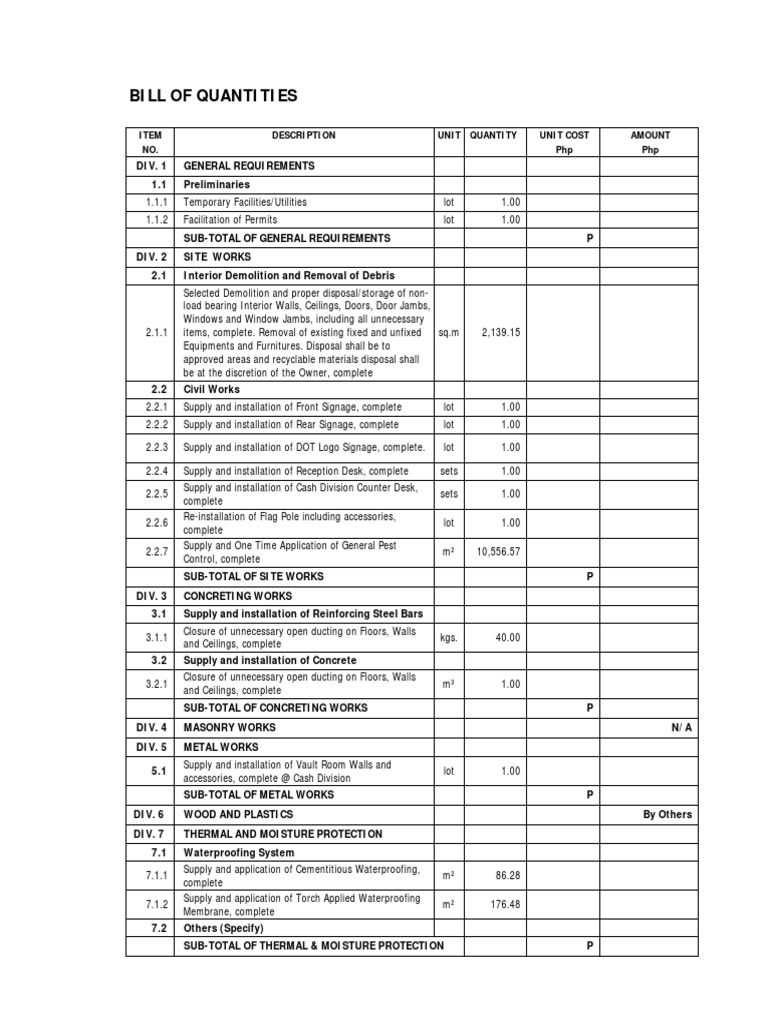 Bill of Quantities for Construction | PDF | Tile | Drywall