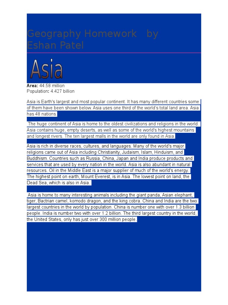 Geography Homework by Eshan Patel: Area: 44.58 Million | PDF | Asia | Japan