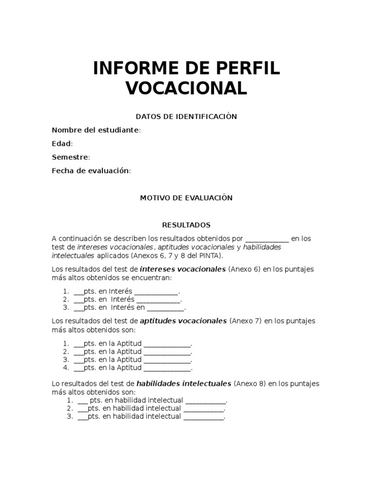 Informe de Perfil Vocacional - Machote | PDF | Cognición | Ciencia ...