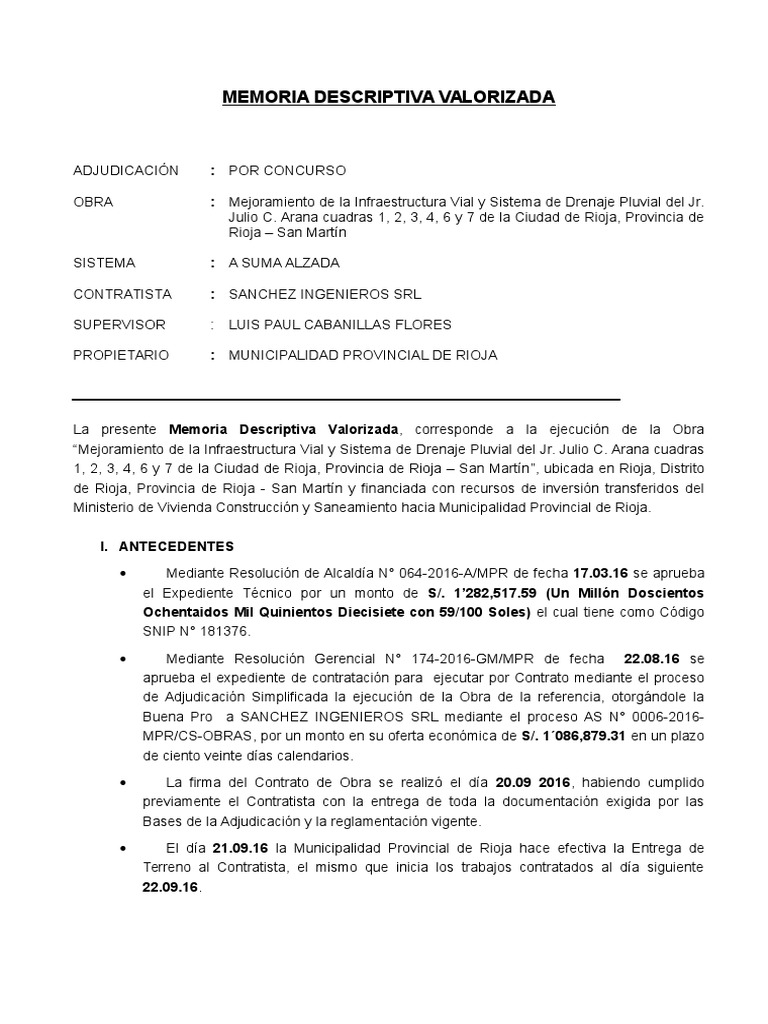 13.-Memoria Descriptiva Valorizada | PDF | Topografía | Hormigón