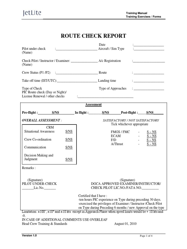 Training Exercises / Forms Route Check Report and Pilot Assessment Form ...