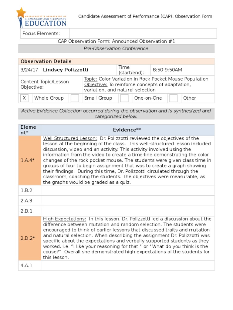 Cap Observation Form 1 Announced Polizzoitti | PDF | Natural Selection ...