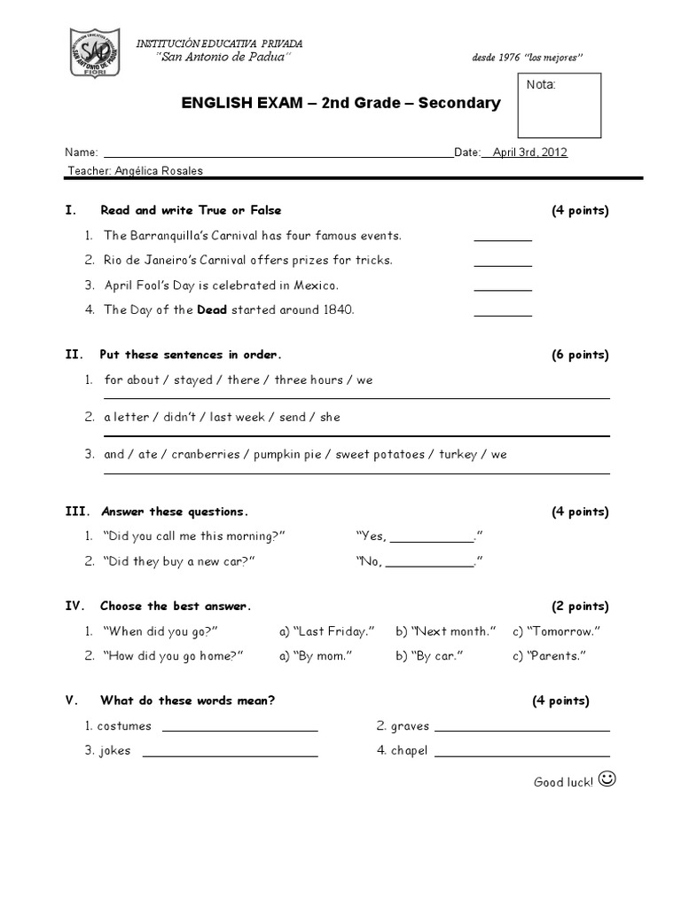 ENGLISH EXAM - 2nd Grade - Secondary: "San Antonio de Padua" | PDF