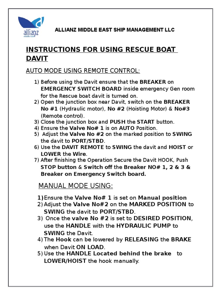 Proper Operation of Rescue Boat Davit: Instructions for Automatic and ...