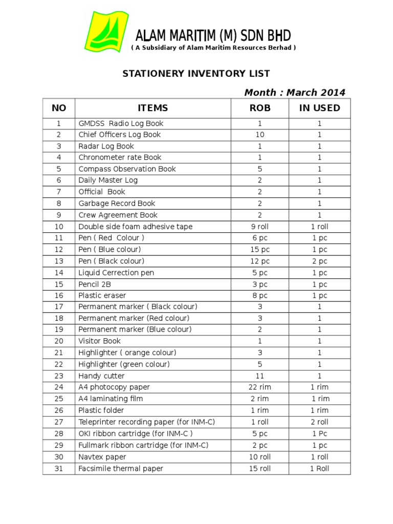 Stationery Inventory List 03.2014 | PDF | Printer (Computing ...