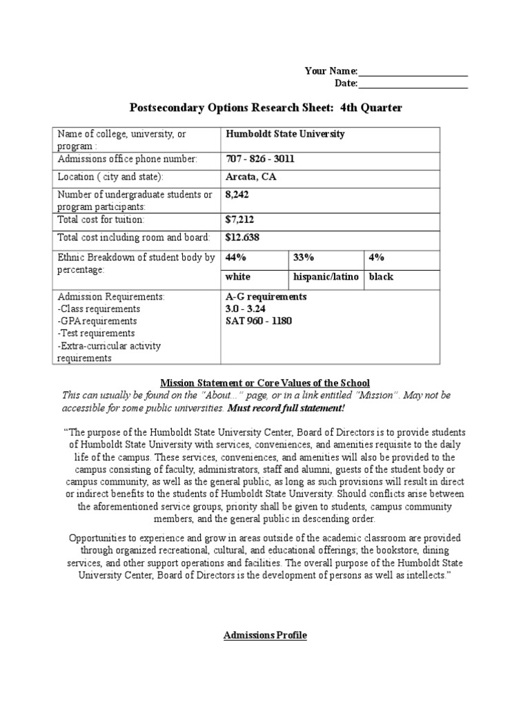 Postsecondary Options Research Sheet: 4th Quarter | PDF | Sat | University