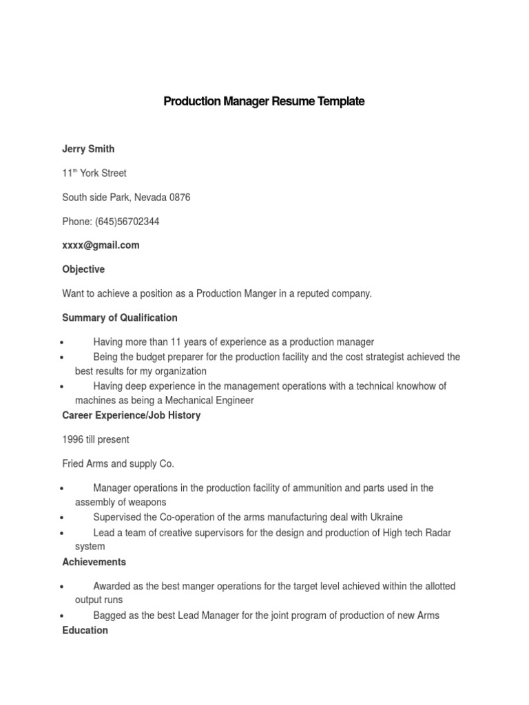 Production Manager Resume Template | PDF