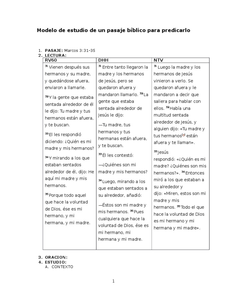 Modelo de Estudio de Un Pasaje para Predicarlo Marcos 3-31-35 | Descargar gratis PDF | Familia ...