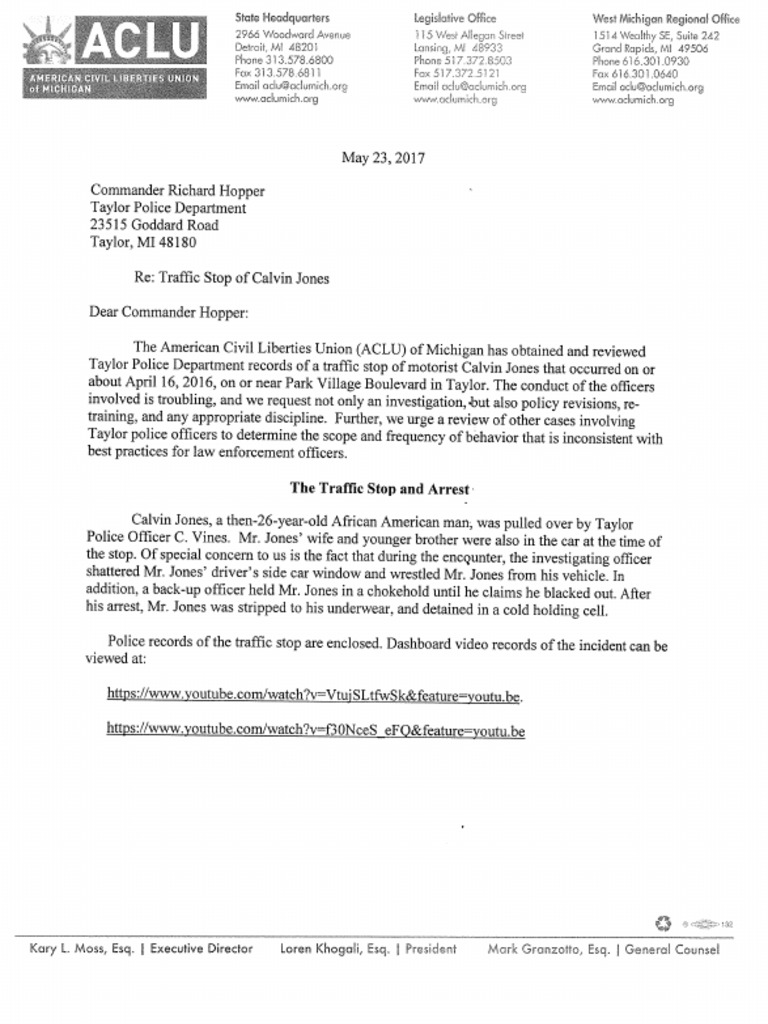 ACLU Complaint Letter Sent To Taylor Police May 23, 2017 | PDF