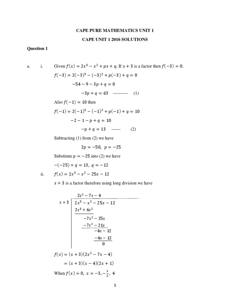 Cape Pure Maths Unit 1 Solutions 2011-2016 PDF | PDF | Circle | Geometry