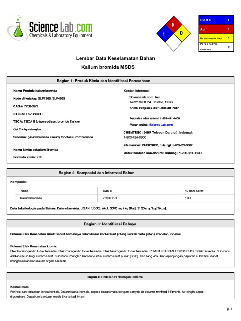Lembar Data Keselamatan Bahan Kalium Bromida MSDS: Bagian 1: Produk Kimia Dan Identifikasi ...