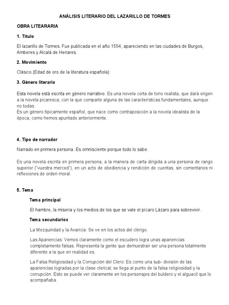Análisis literario de "Lazarillo de Tormes" | PDF | Novelas