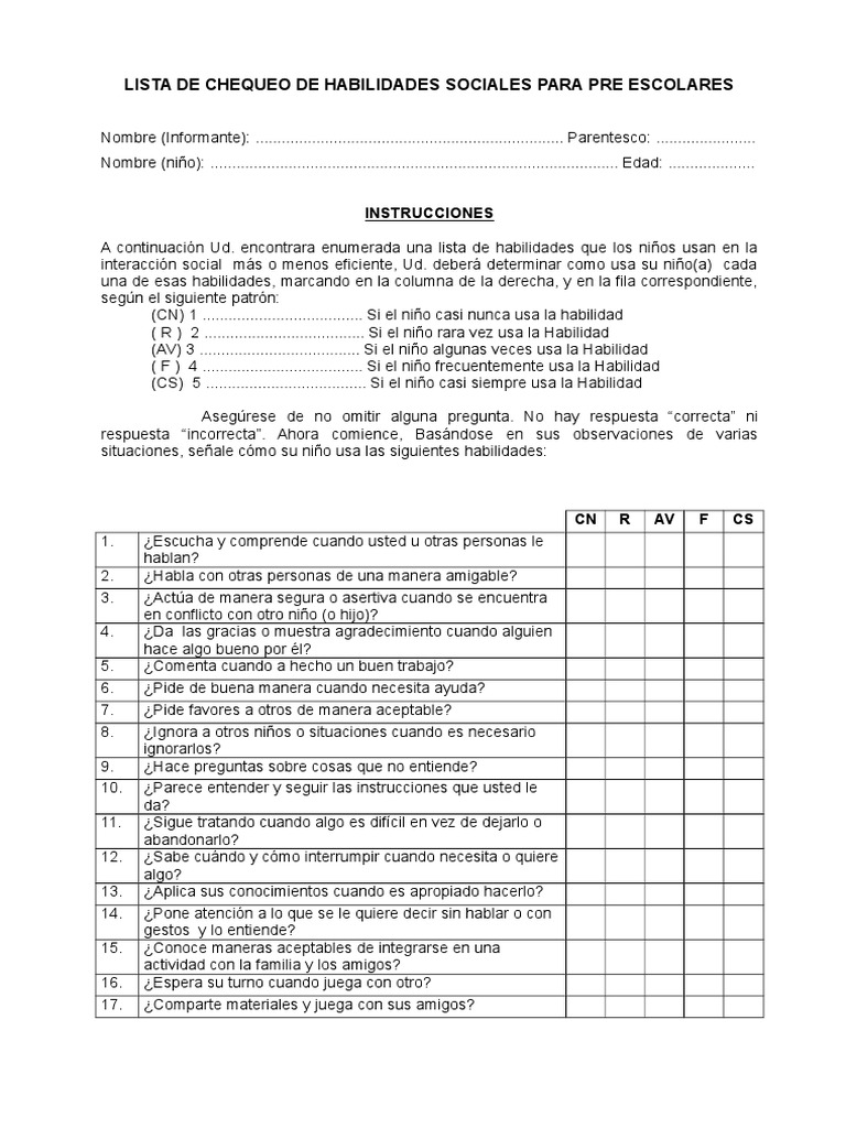 Lista de Chequeo de Habilidades Sociales Preescolar | PDF | Ira ...