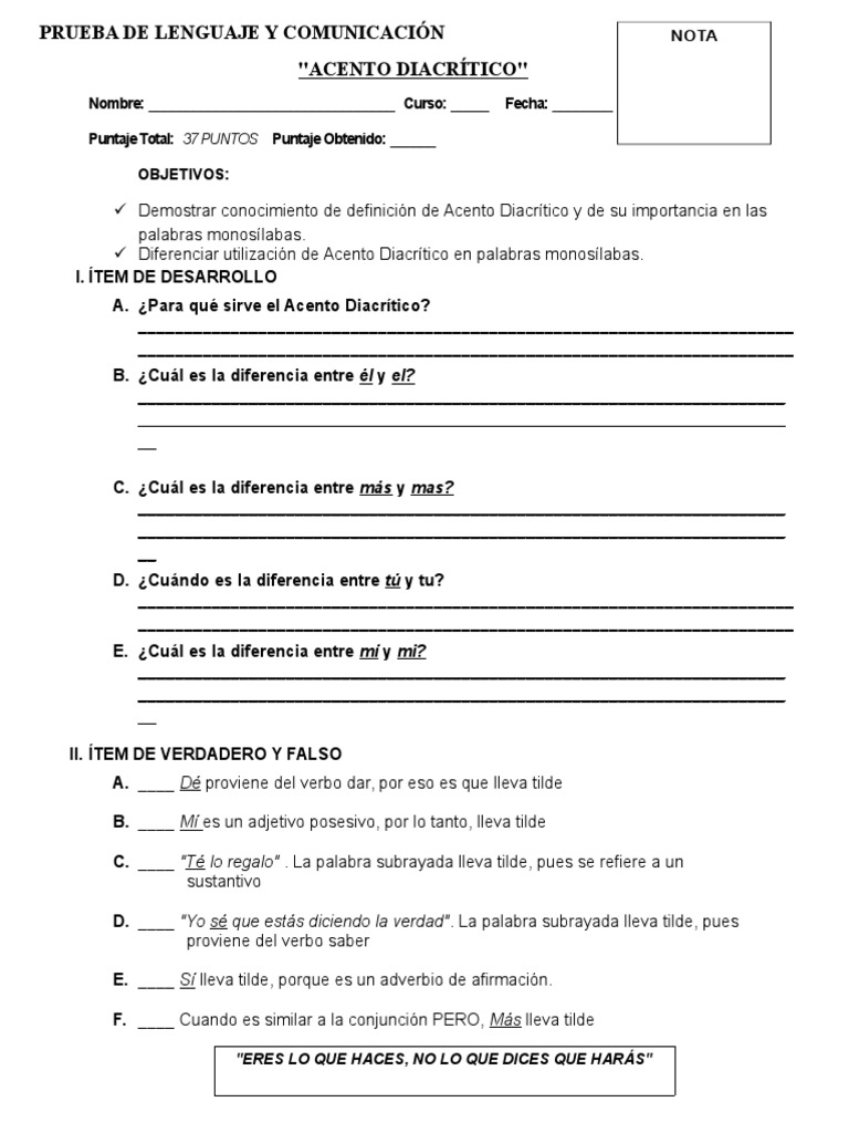 Prueba de Acento Diacrítico | Palabra | Semiótica