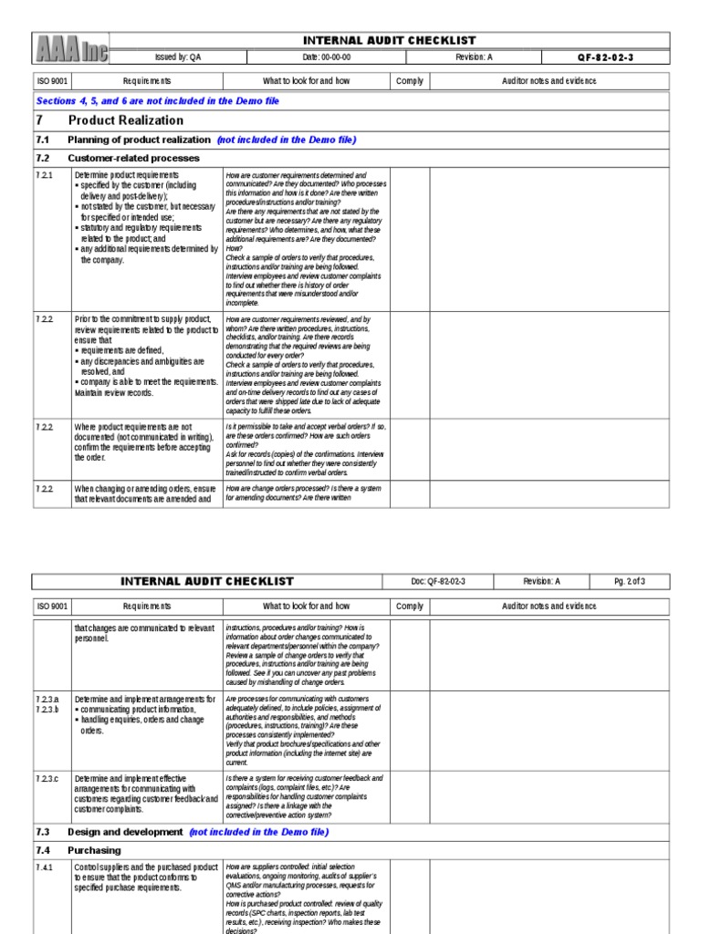 7 Product Realization: Internal Audit Checklist | PDF | Iso 9000 ...