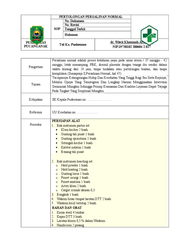 Sop Pertolongan Persalinan Normal | PDF
