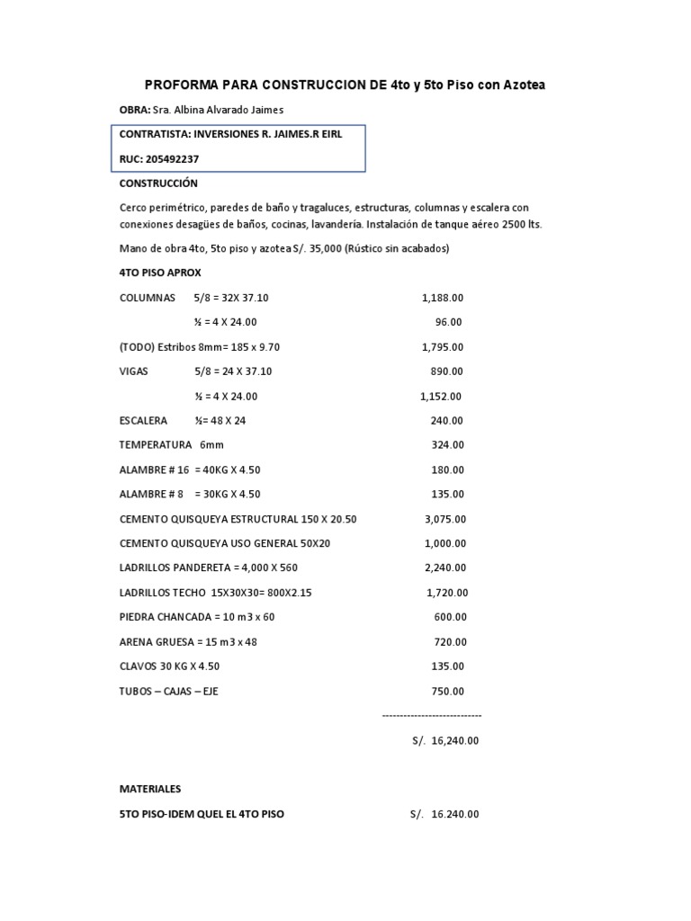 Proforma Para Construccion 4to y 5to | Materiales de construcción | Science