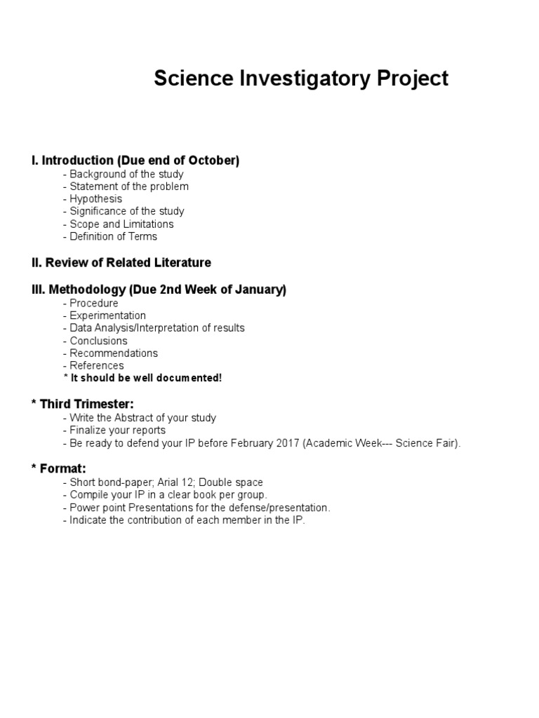 Science Investigatory Project: I. Introduction (Due End of October) | PDF