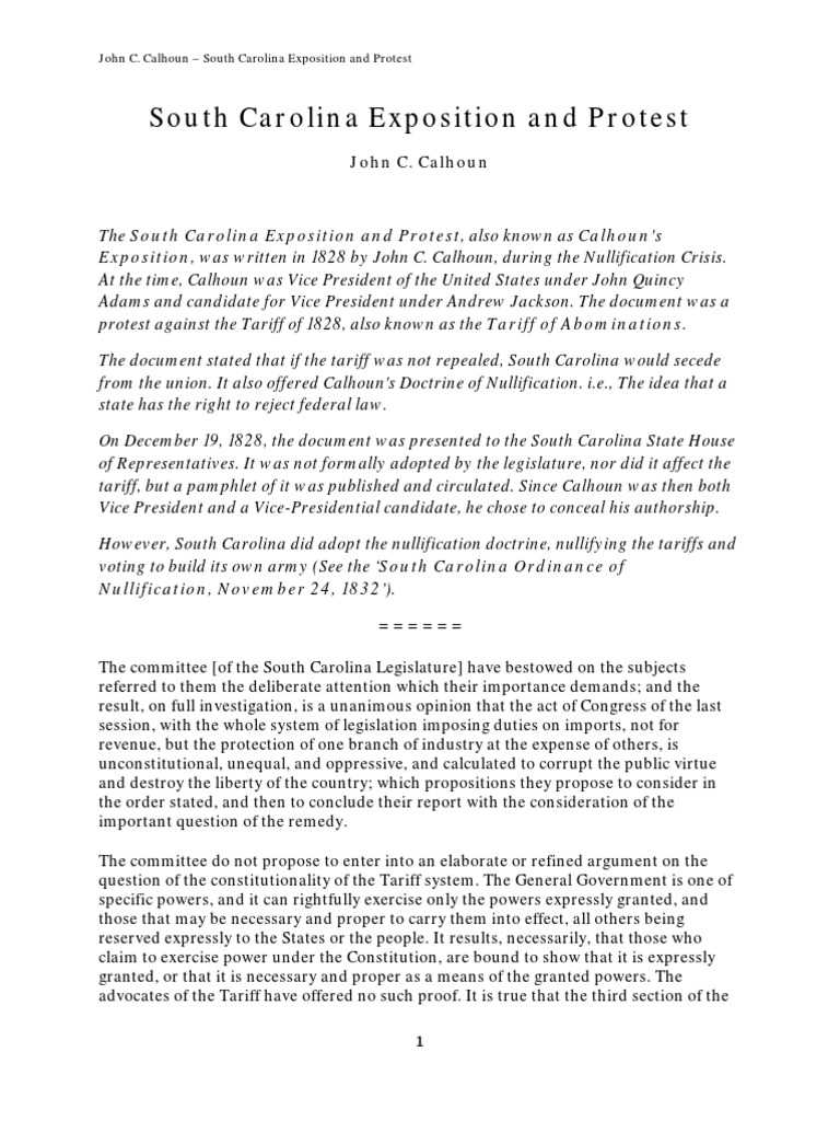 John C Calhoun - South Carolina Exposition and Protest | Nullification ...