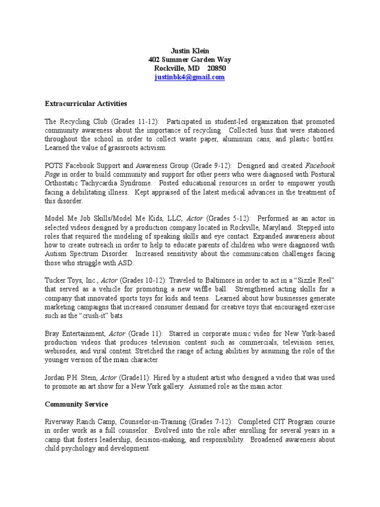 Justin Klein Resume | PDF | Autism Spectrum | Autism