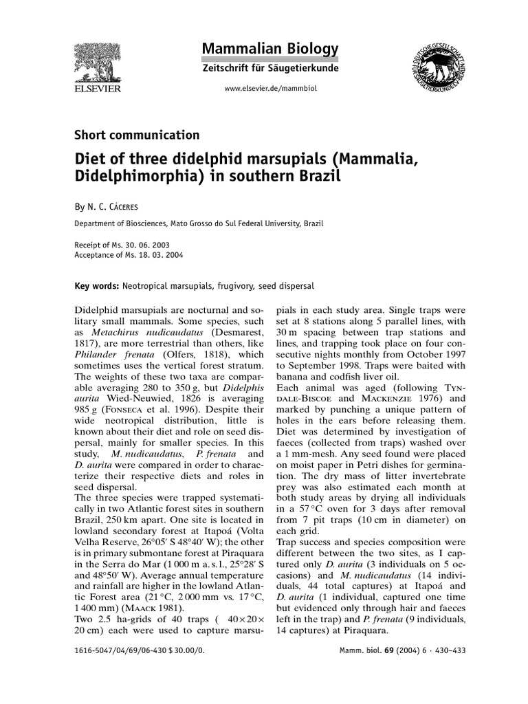 CÁCERES - Diet of Three Didelphid Marsupials in Southern Brazil | PDF ...