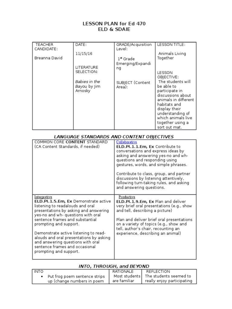 Eld Lesson Animals Living Together | PDF | Pond | Conversation