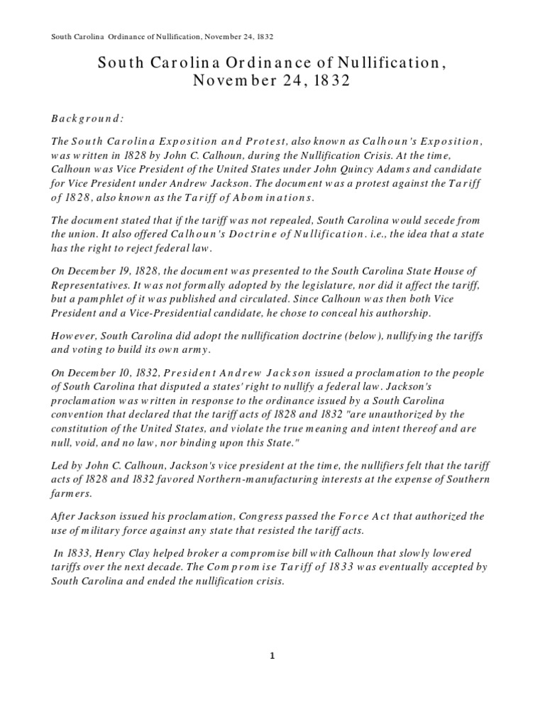 South Carolina Nullification Crisis 1832 | PDF | Nullification (U.S ...