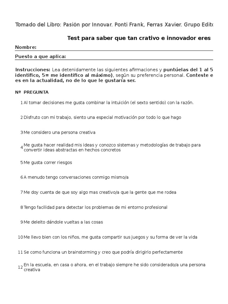 Que Tan Emprendedor y Creativo Eres..Test de Creatividad | PDF ...