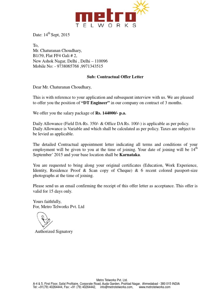 Contractual Offer for DT Engineer Position | PDF | Business | Finance ...