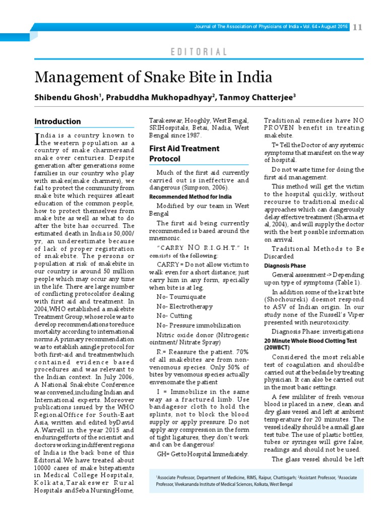 Management of Snake Bite in India: Recommended First Aid and Treatment ...