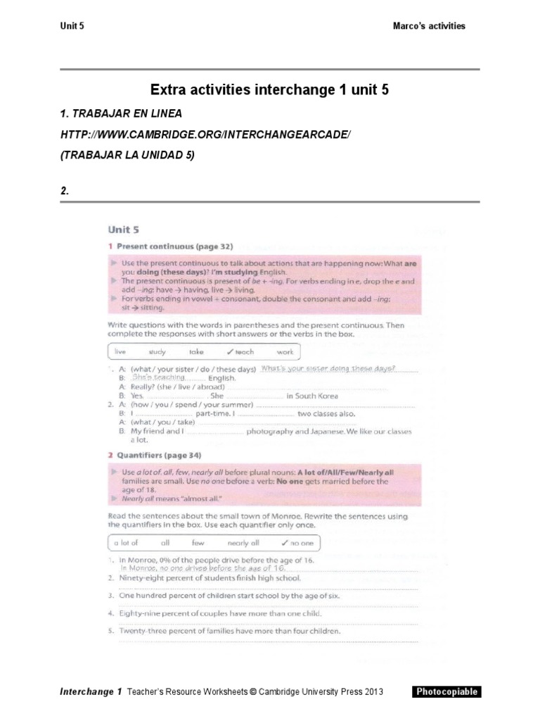 Interchange 1-Extra Activities Unit 5 | PDF