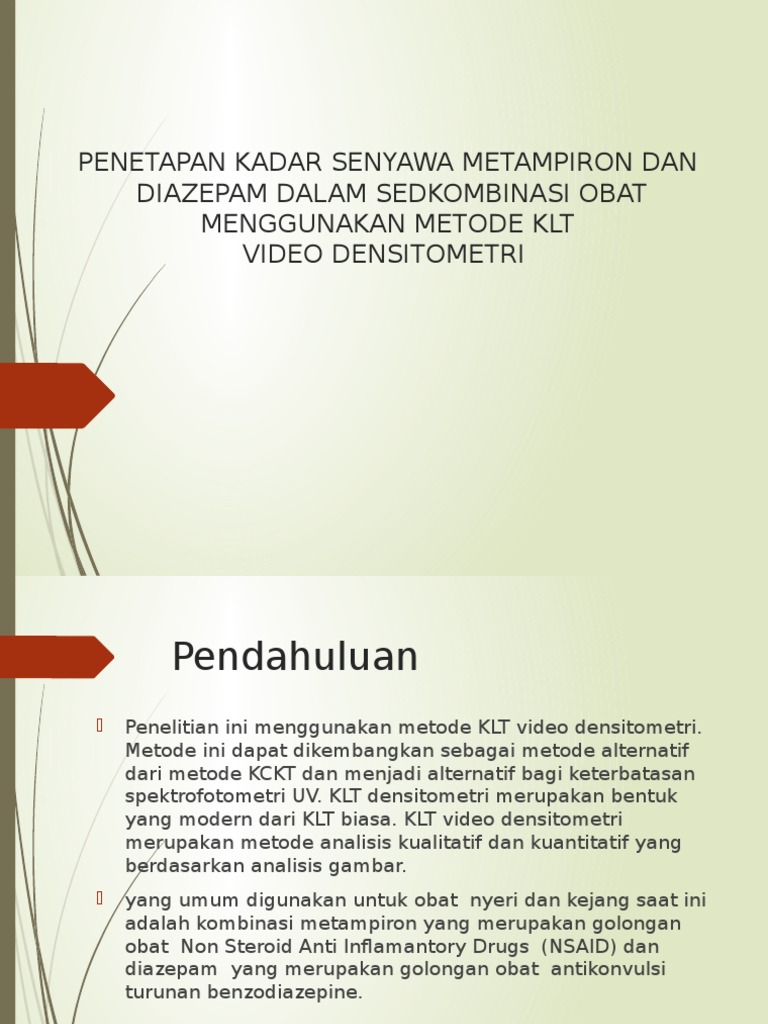 Penetapan Kadar Senyawa Metampiron Dan Diazepam Dalam Sedkombinasi Obat ...