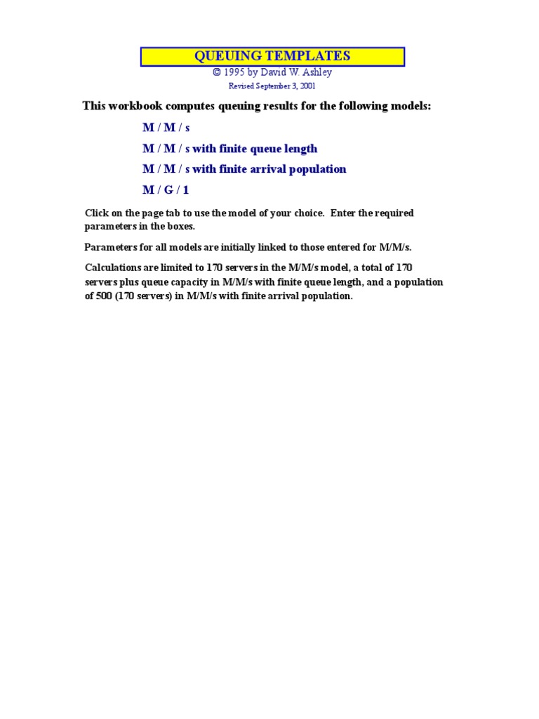 Queuing Templates: This Workbook Computes Queuing Results For The ...