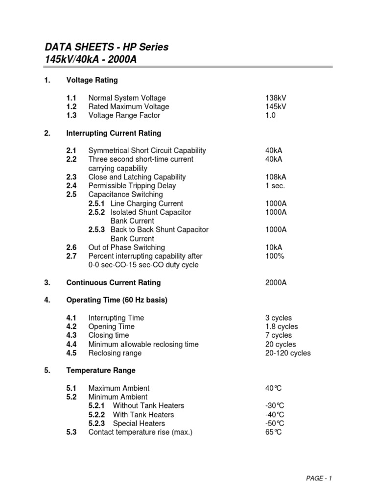 Data Sheets - HP Series 145kV/40kA - 2000A: Page - 1 | PDF | Capacitor | Electric Power