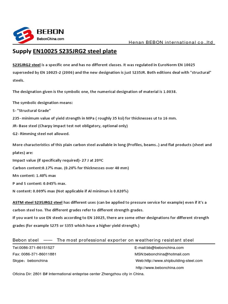 Supply EN10025 S235JRG2 Steel Plate | PDF | Ultimate Tensile Strength ...
