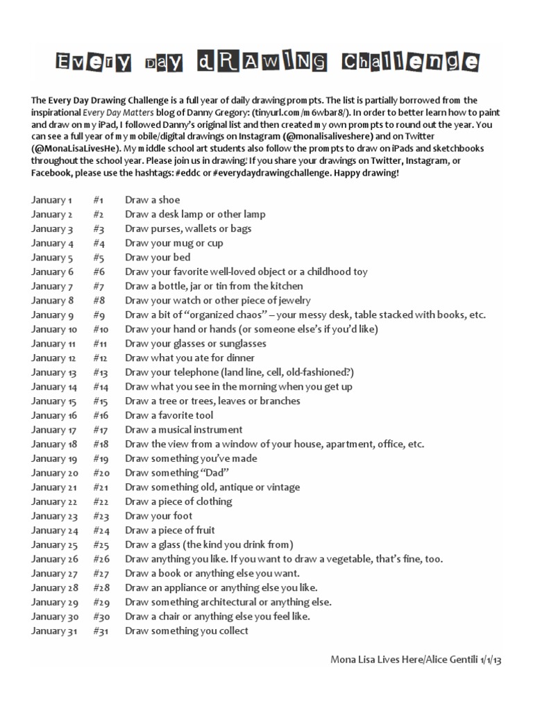 365 Days of Every Day Drawing Challenge Prompts PDF | PDF | Instagram ...
