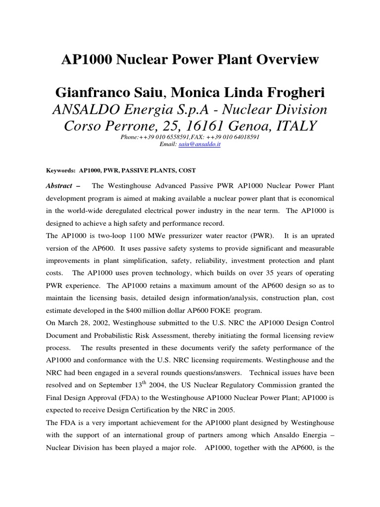An Overview of the Westinghouse AP1000 Advanced Passive Pressurized ...
