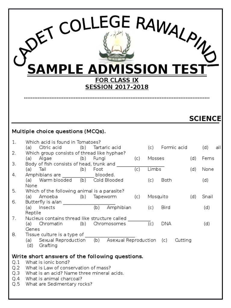 Sample Admission Test Class 9th 2017 | PDF | Sexual Reproduction | Biology