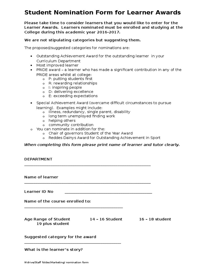 Nomination Form For Students - May 2017 | PDF | Students | Quality Of Life