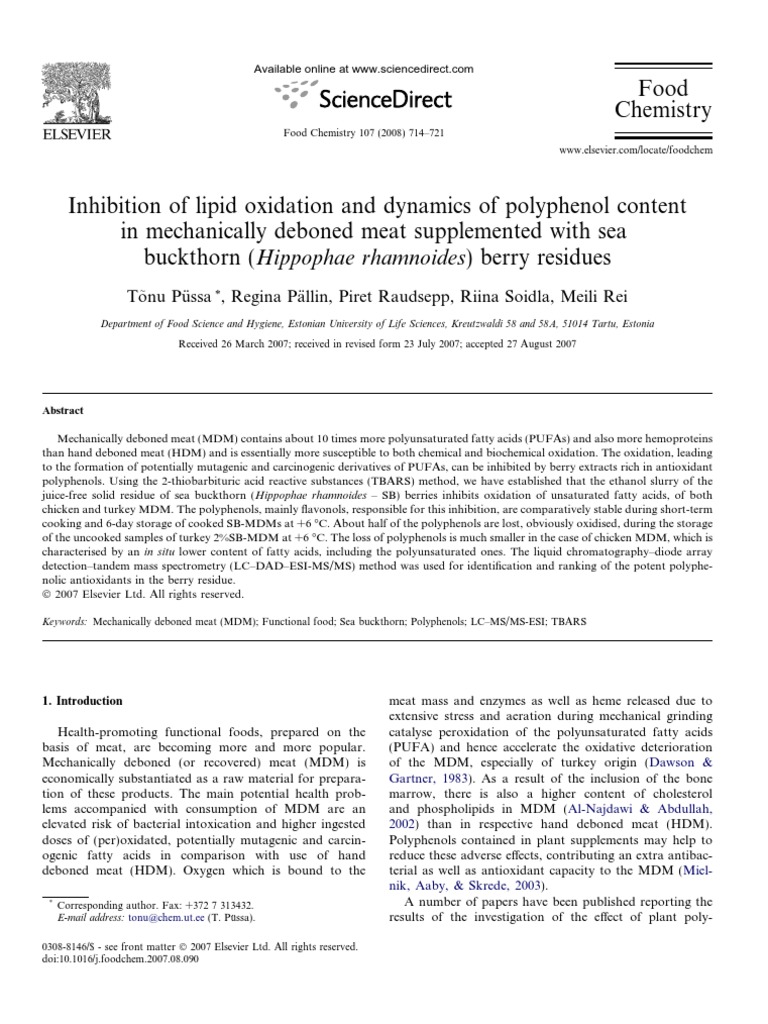 Food Chemistry: To Nu Pu Ssa, Regina Pa Llin, Piret Raudsepp, Riina ...