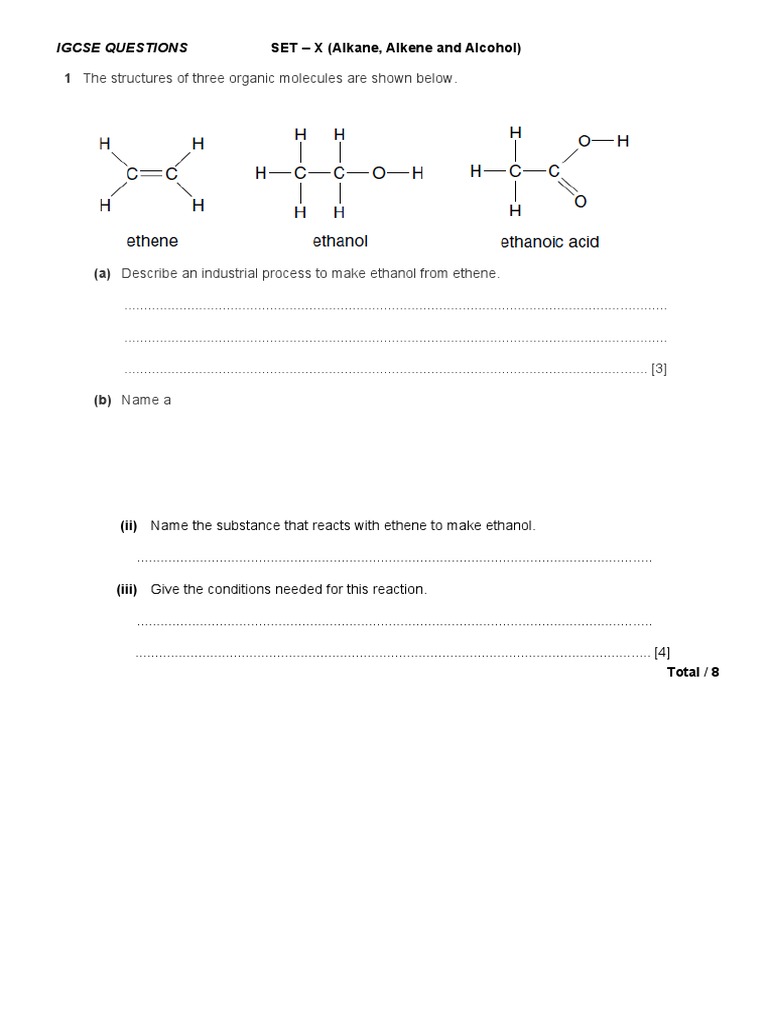 Analysis of IGCSE Practice Questions on Alkanes, Alkenes and Alcohols ...
