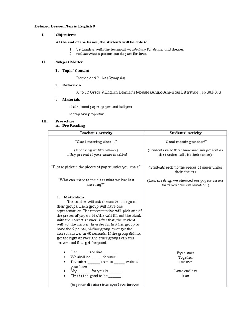 9th Grade Romeo and Juliet Lesson Plan | PDF | Characters In Romeo And ...