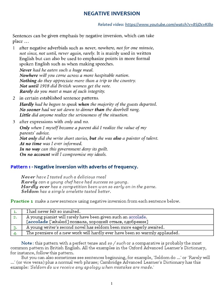 Negative Inversion in English | PDF | Sentence (Linguistics) | Adverb