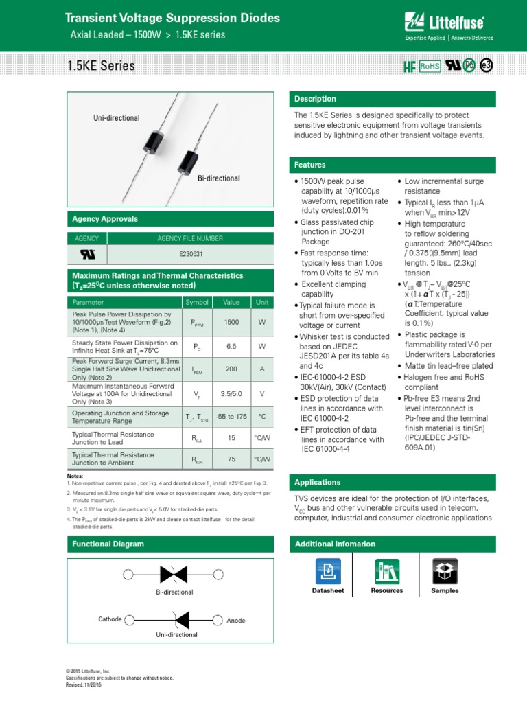 Littelfuse TVS Diode 1 5KE Datasheet PDF | PDF | Diode | Electrical ...